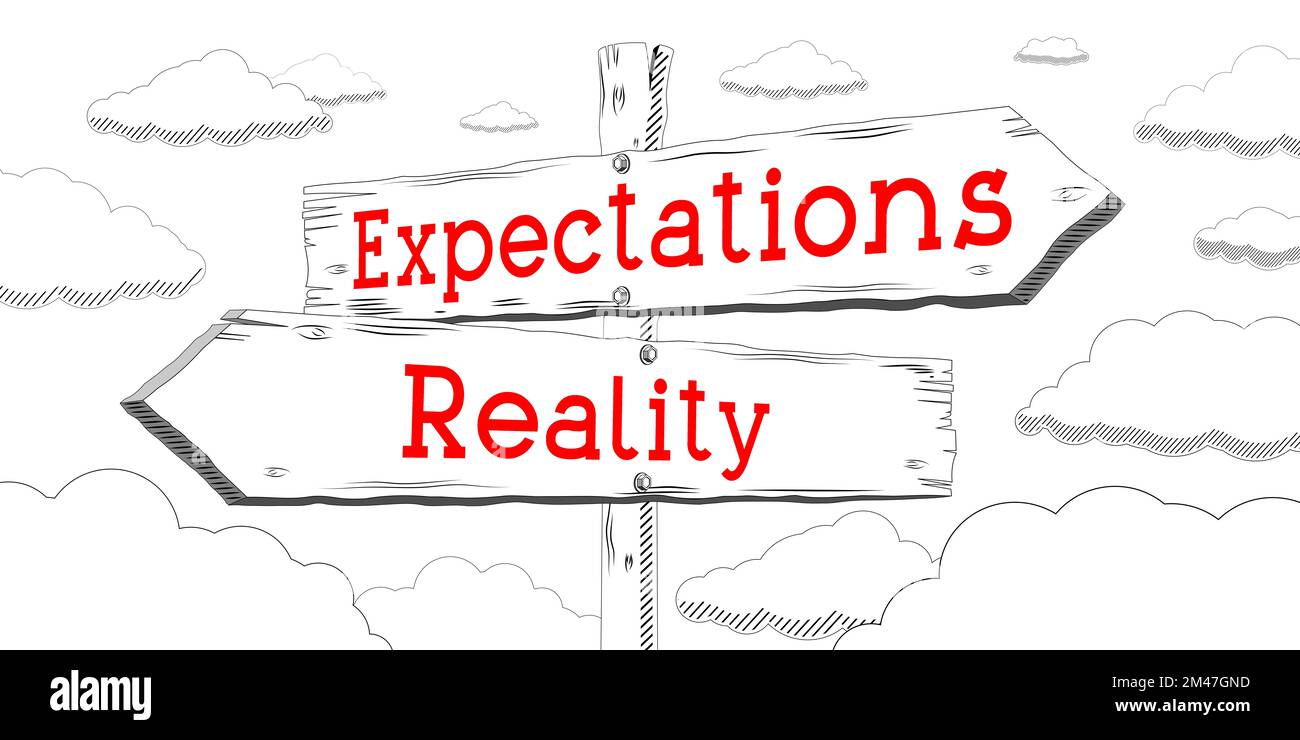 Expectations, reality - outline signpost with two arrows Stock Photo ...