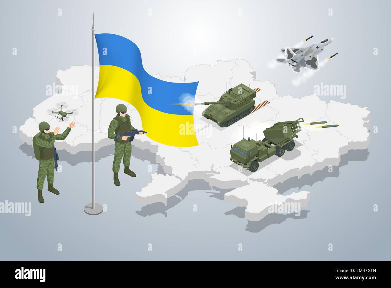 Isometric Ukrainian soldier on the background of the map of Ukraine and ...