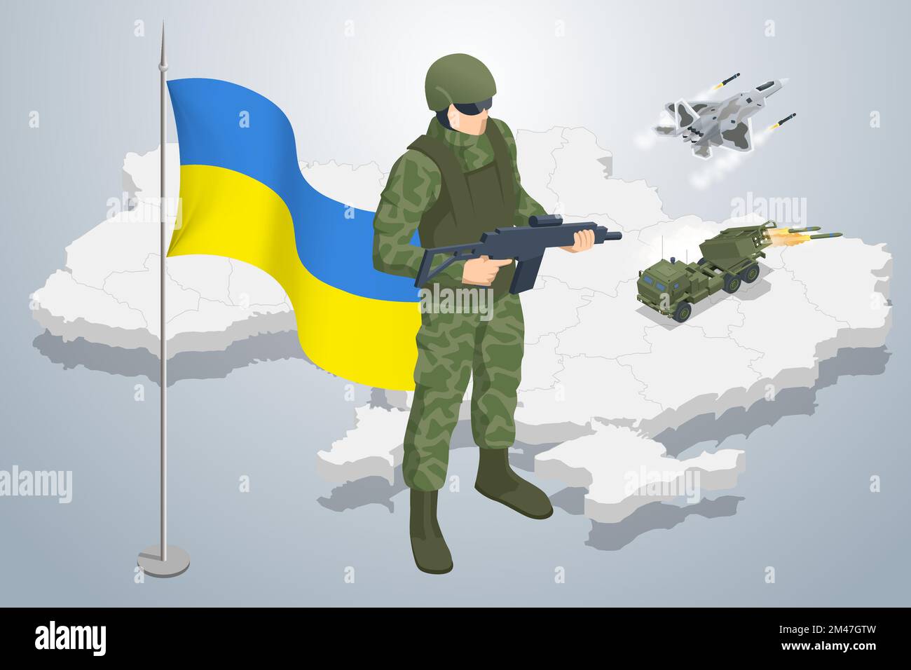 Isometric Ukrainian soldier on the background of the map of Ukraine and ...