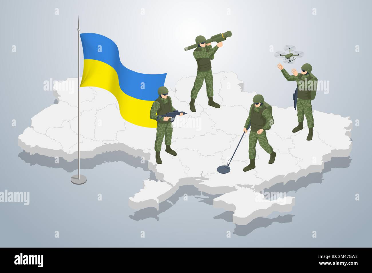 Isometric Ukrainian soldier on the background of the map of Ukraine and ...