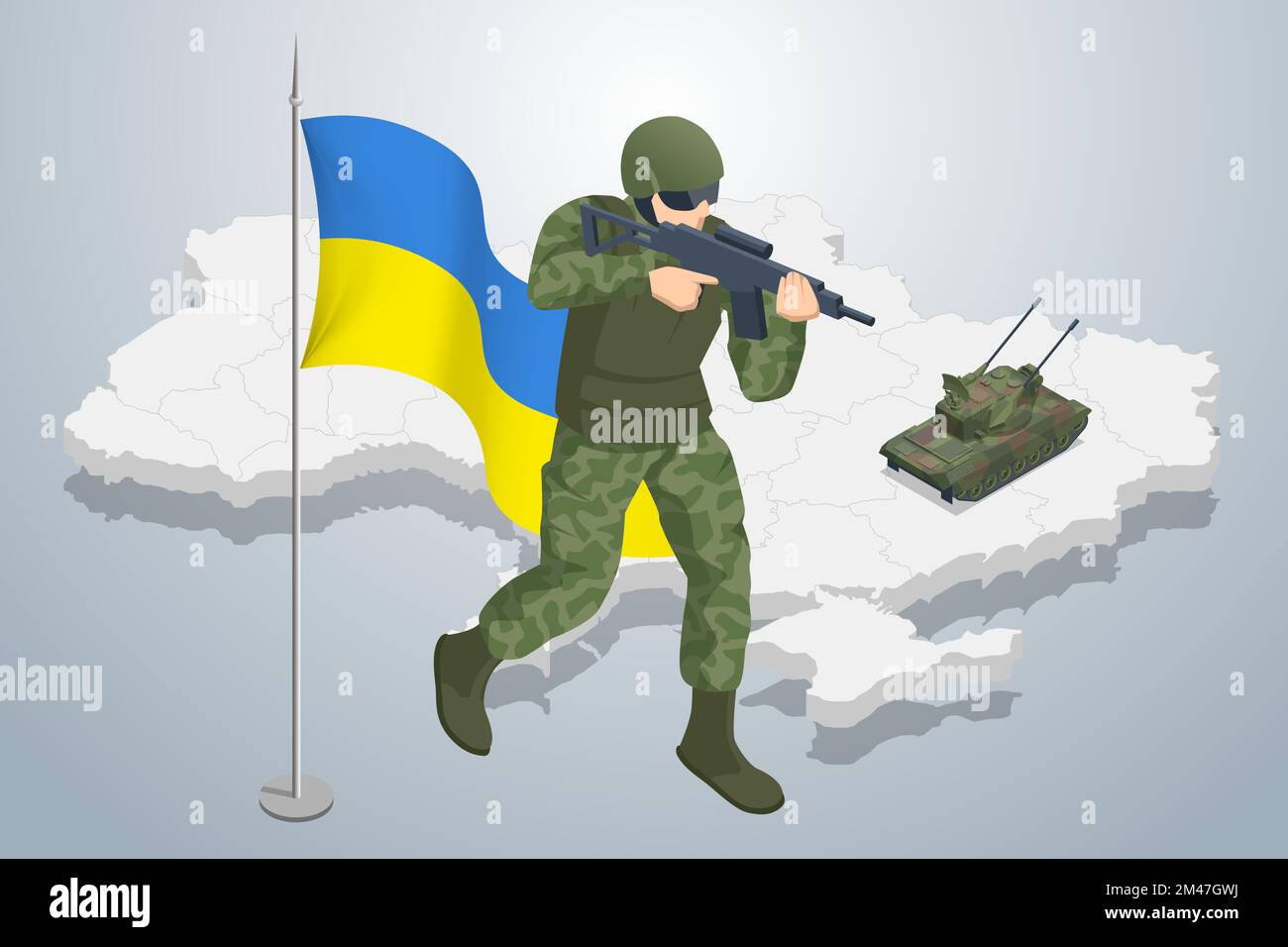 Isometric Ukrainian soldier on the background of the map of Ukraine and ...