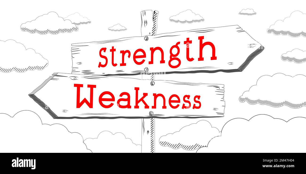Strength and weakness - outline signpost with two arrows Stock Photo ...