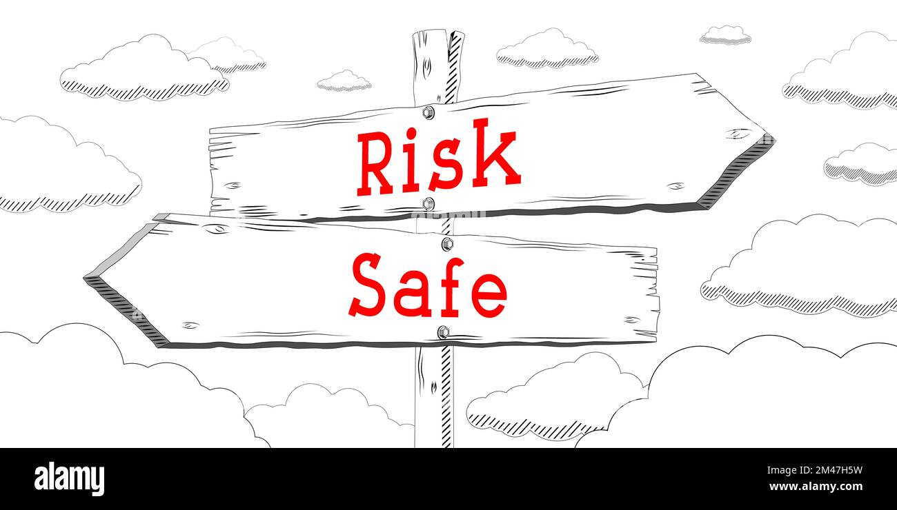Risk, safe - outline signpost with two arrows Stock Photo - Alamy