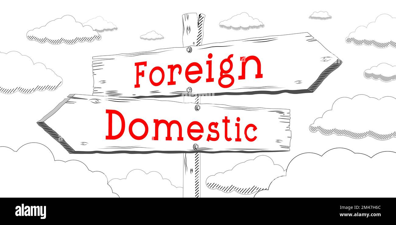 Foreign or domestic - outline signpost with two arrows Stock Photo - Alamy