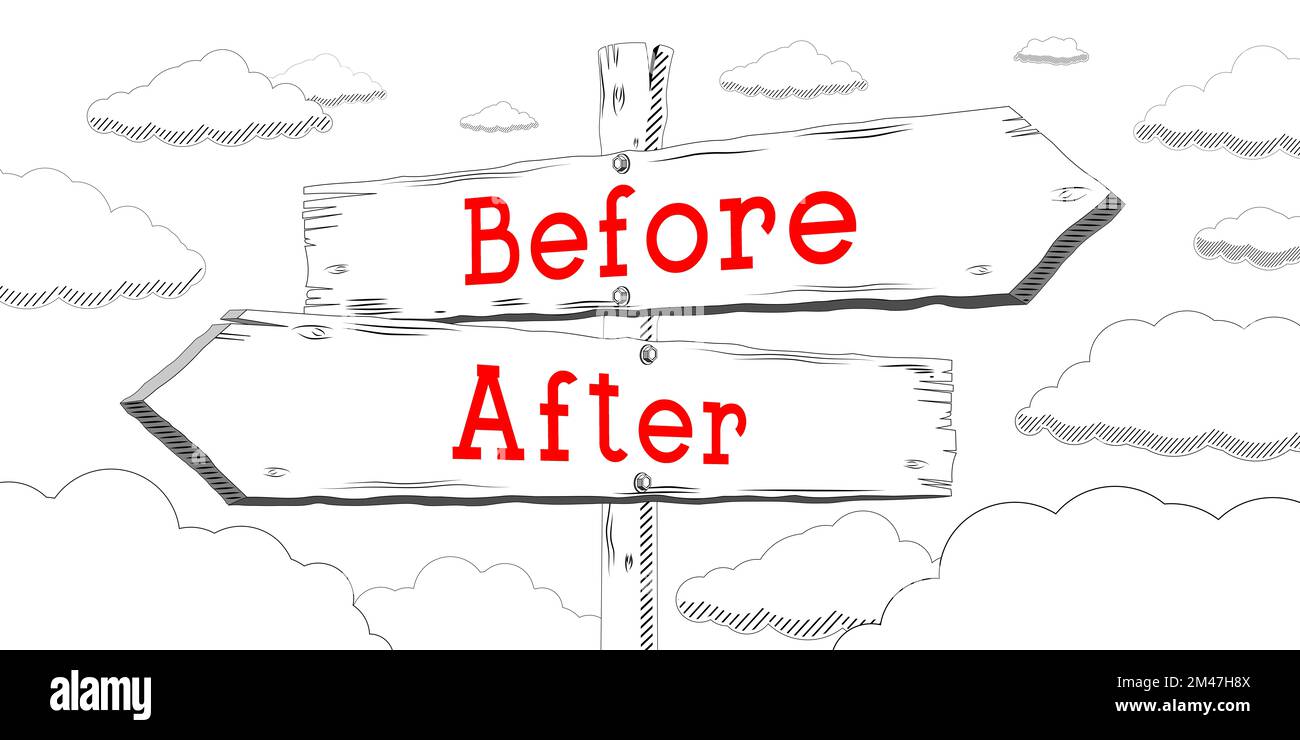 Before and after - outline signpost with two arrows Stock Photo - Alamy