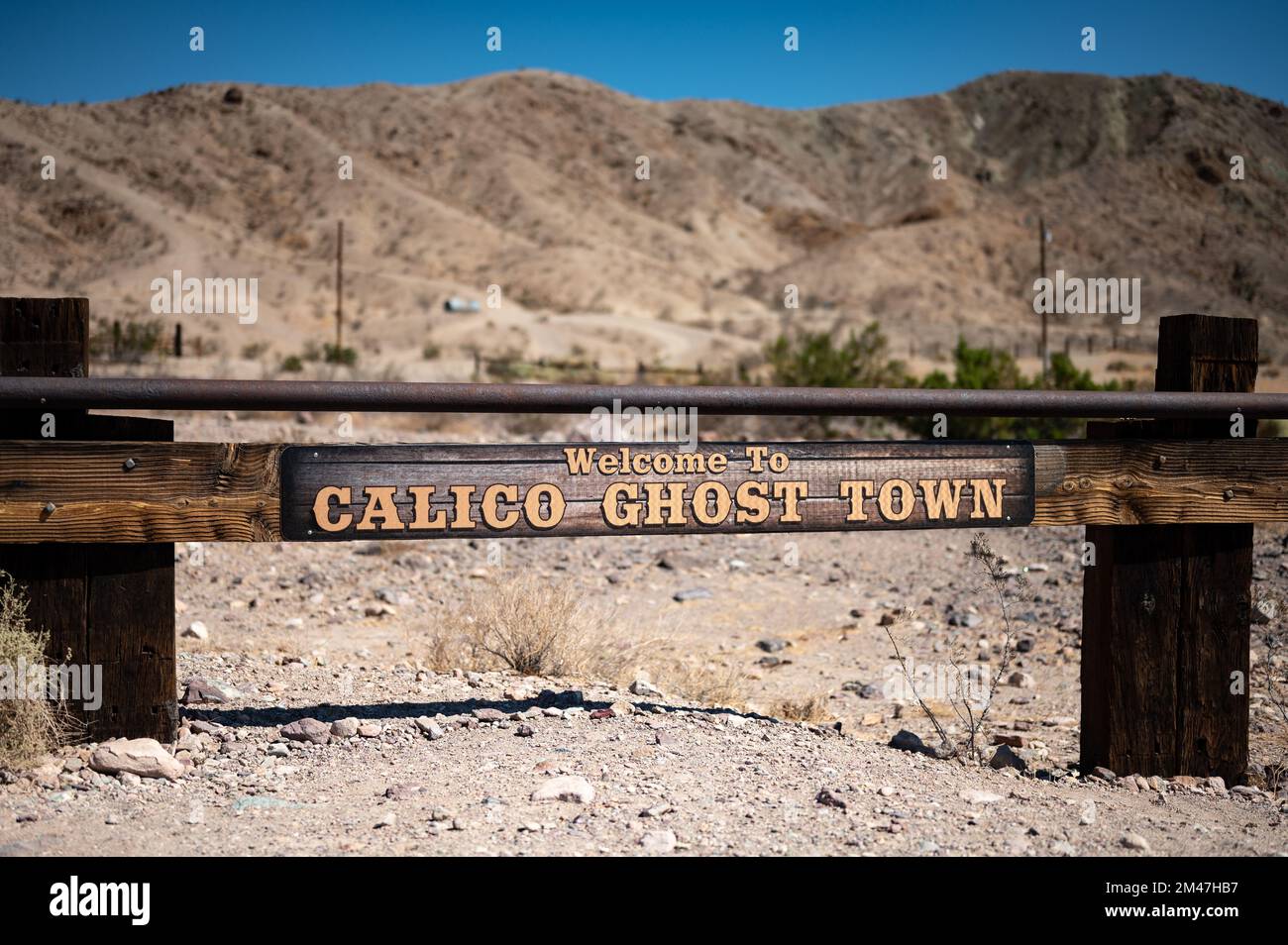 Detail of the welcome sign to Calico, the ghost mining town in the ...