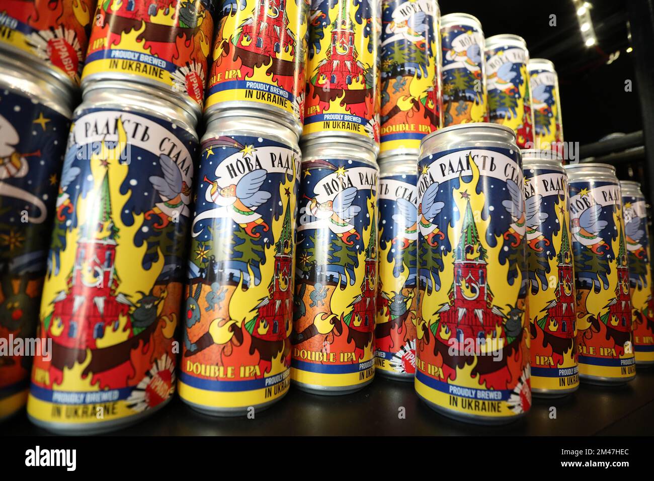 Lviv, Ukraine 19 December 2022. Cans of beer with labels depicting the ...