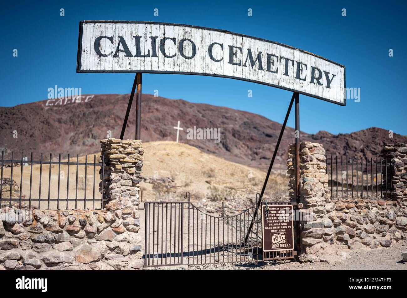 Entrance of the cemetery of the ghost town of Calico, a town of the old ...