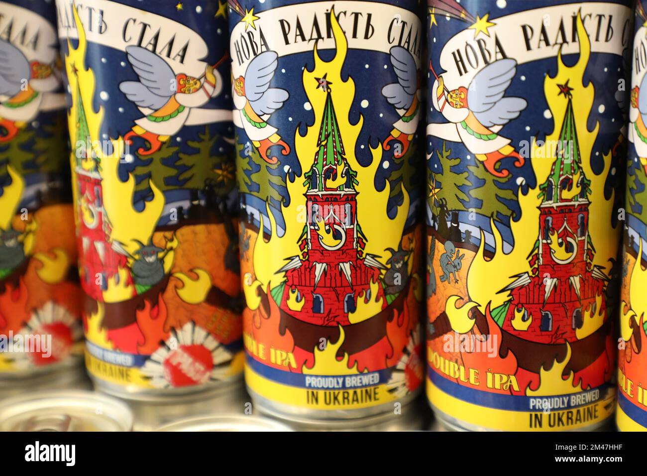Lviv, Ukraine 19 December 2022. Cans of beer with labels depicting the ...