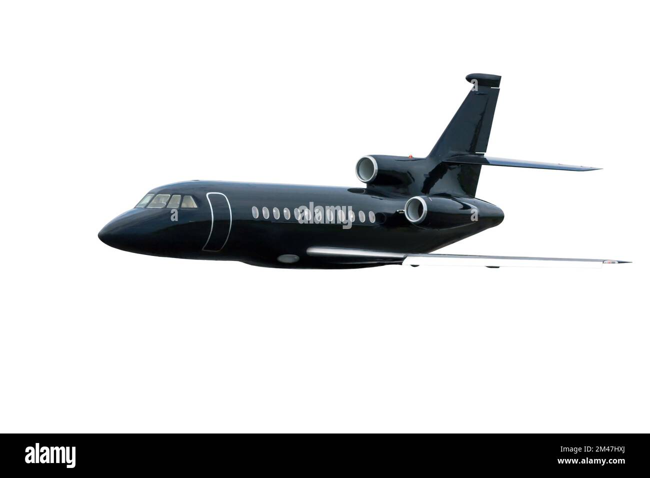 Modern black private jet flying isolated on white background Stock ...