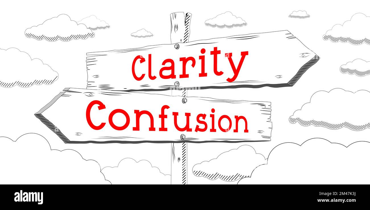Clarity, confusion - outline signpost with two arrows Stock Photo - Alamy