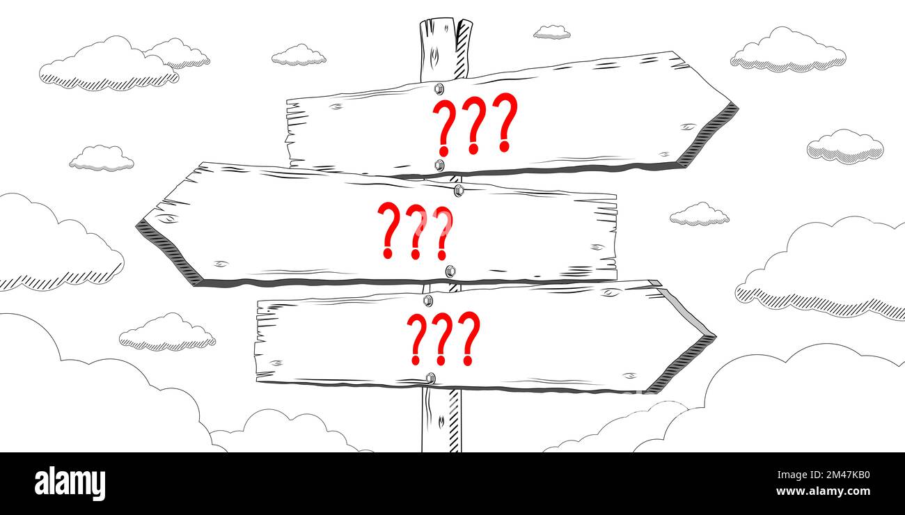 Question marks - outline signpost with three arrows Stock Photo - Alamy