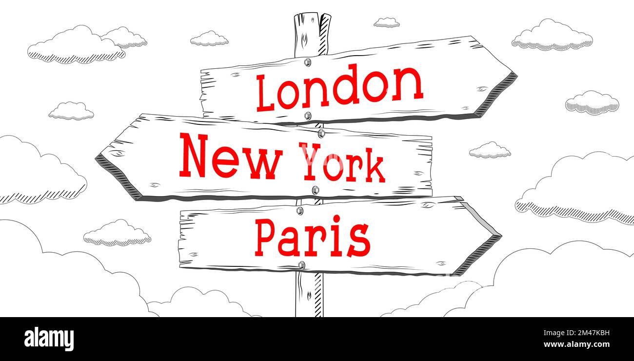 London, New York, Paris - outline signpost with three arrows Stock ...