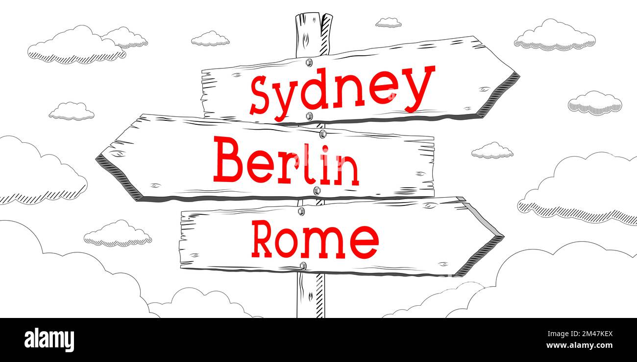 Sydney, Berlin, Rome - outline signpost with three arrows Stock Photo ...