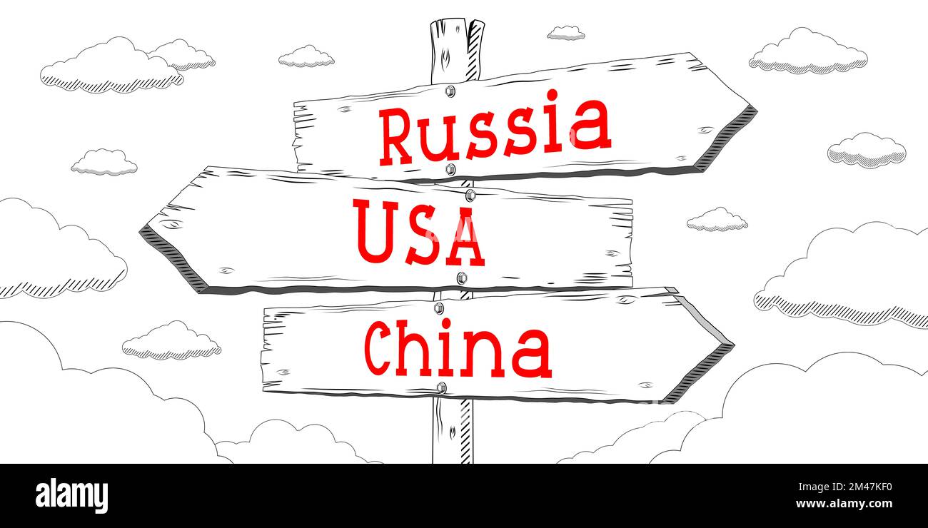 Russia, USA, China - outline signpost with three arrows Stock Photo - Alamy