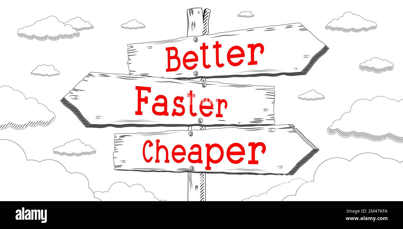 Better, faster, cheaper - outline signpost with three arrows Stock ...