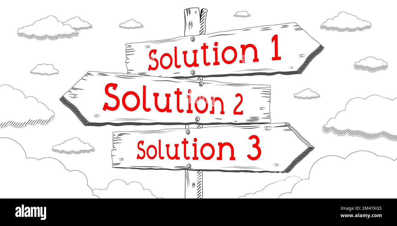 Solution 1, 2, 3 - outline signpost with three arrows Stock Photo - Alamy