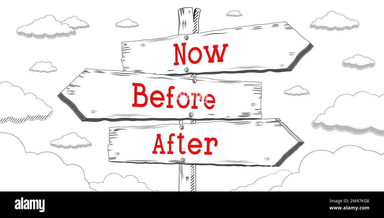 Now, before, after - outline signpost with three arrows Stock Photo - Alamy