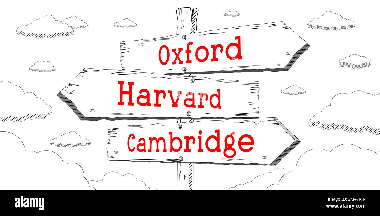 Oxford, Harvard, Cambridge - outline signpost with three arrows Stock ...