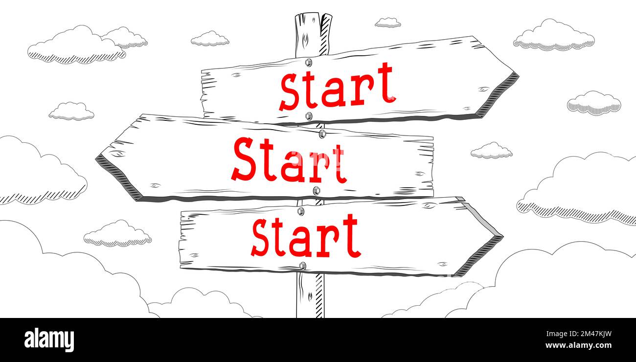 Start - outline signpost with three arrows Stock Photo - Alamy