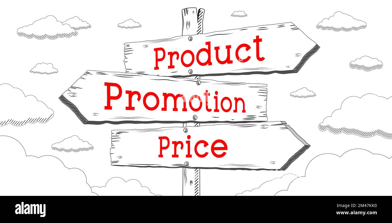 Product, promotion, price - outline signpost with three arrows Stock ...