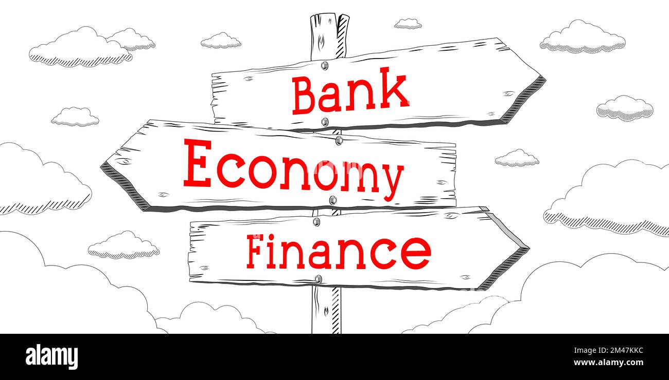 Bank, economy, finance - outline signpost with three arrows Stock Photo ...