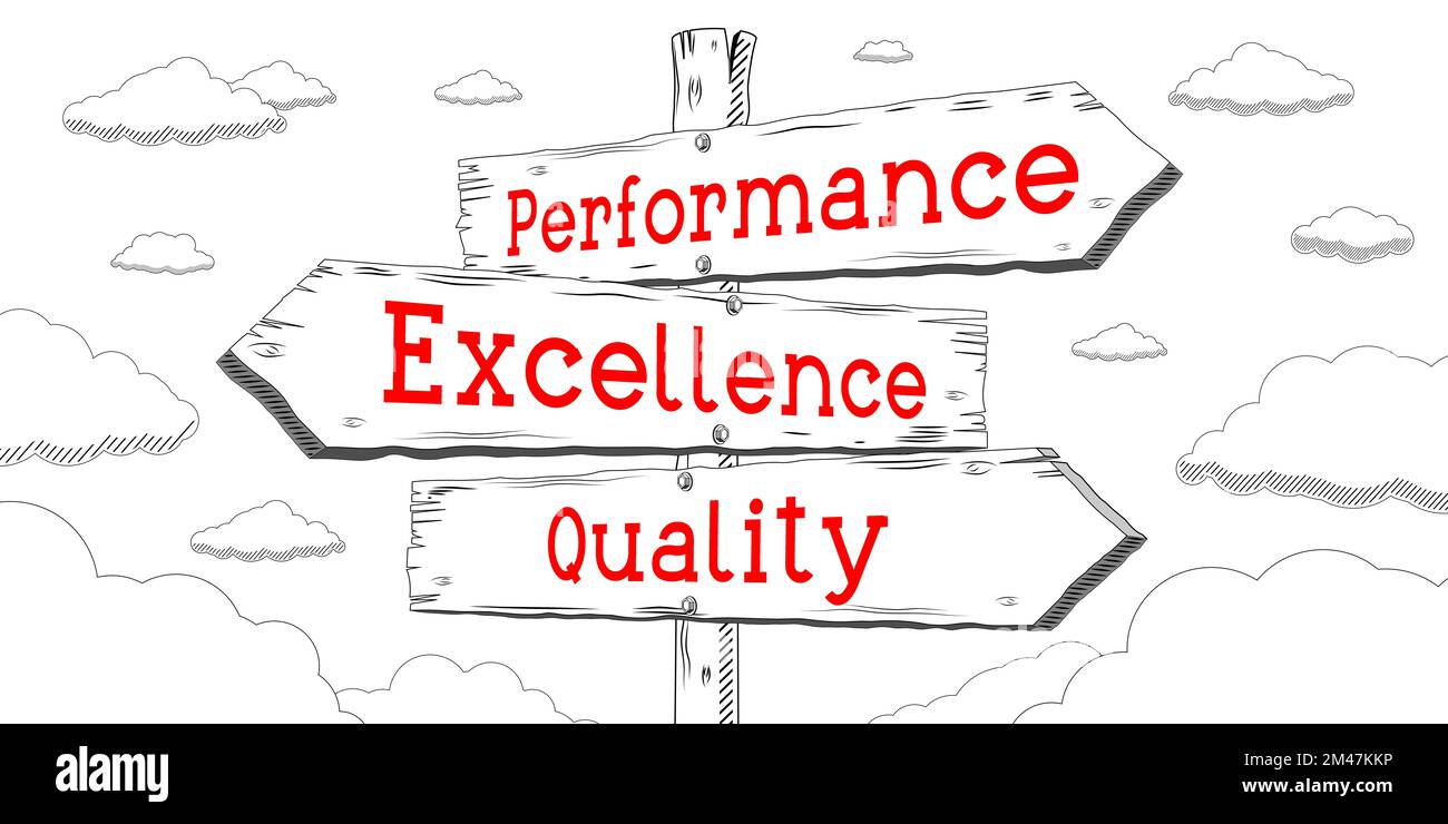 Performance, excellence, quality - outline signpost with three arrows ...