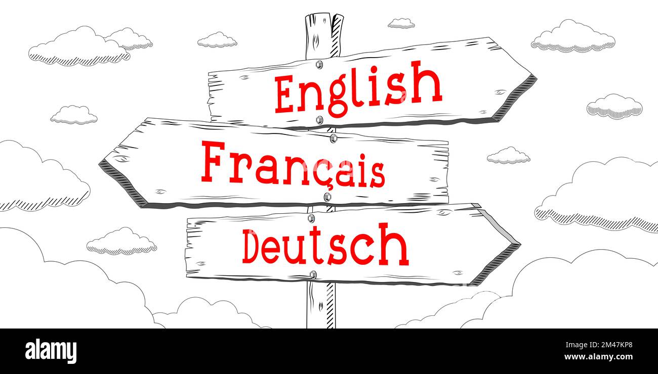 English, French, German - outline signpost with three arrows Stock ...
