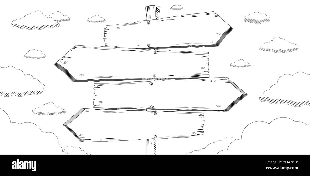 Outline signpost with four clear arrows Stock Photo - Alamy