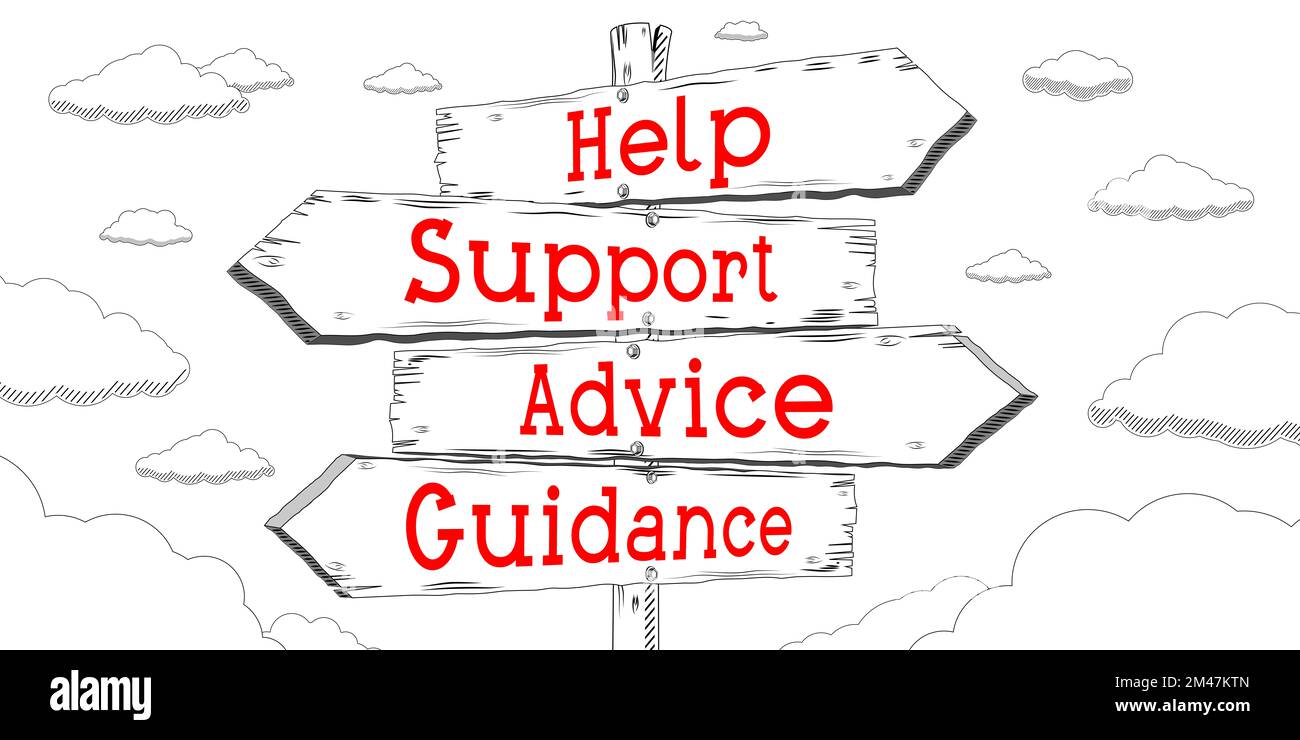 Help, support, advice, guidance - outline signpost with four arrows ...