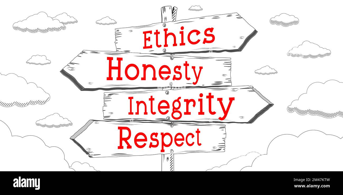 Ethics, honesty, integrity, respect - outline signpost with four arrows ...