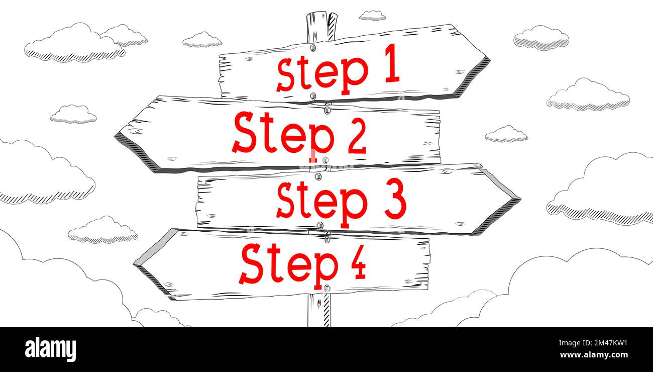 Step 1, 2, 3, 4 - outline signpost with four arrows Stock Photo - Alamy