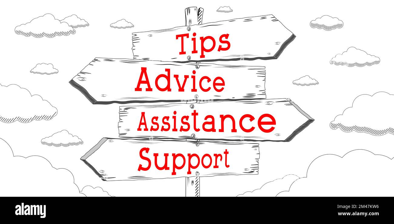 Tips, advice, assistance, support - outline signpost with four arrows ...