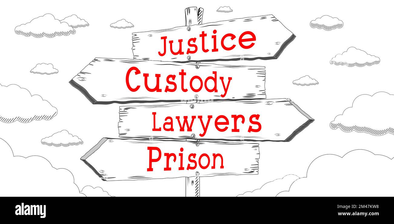 Justice, custody, lawyers, prison - outline signpost with four arrows ...