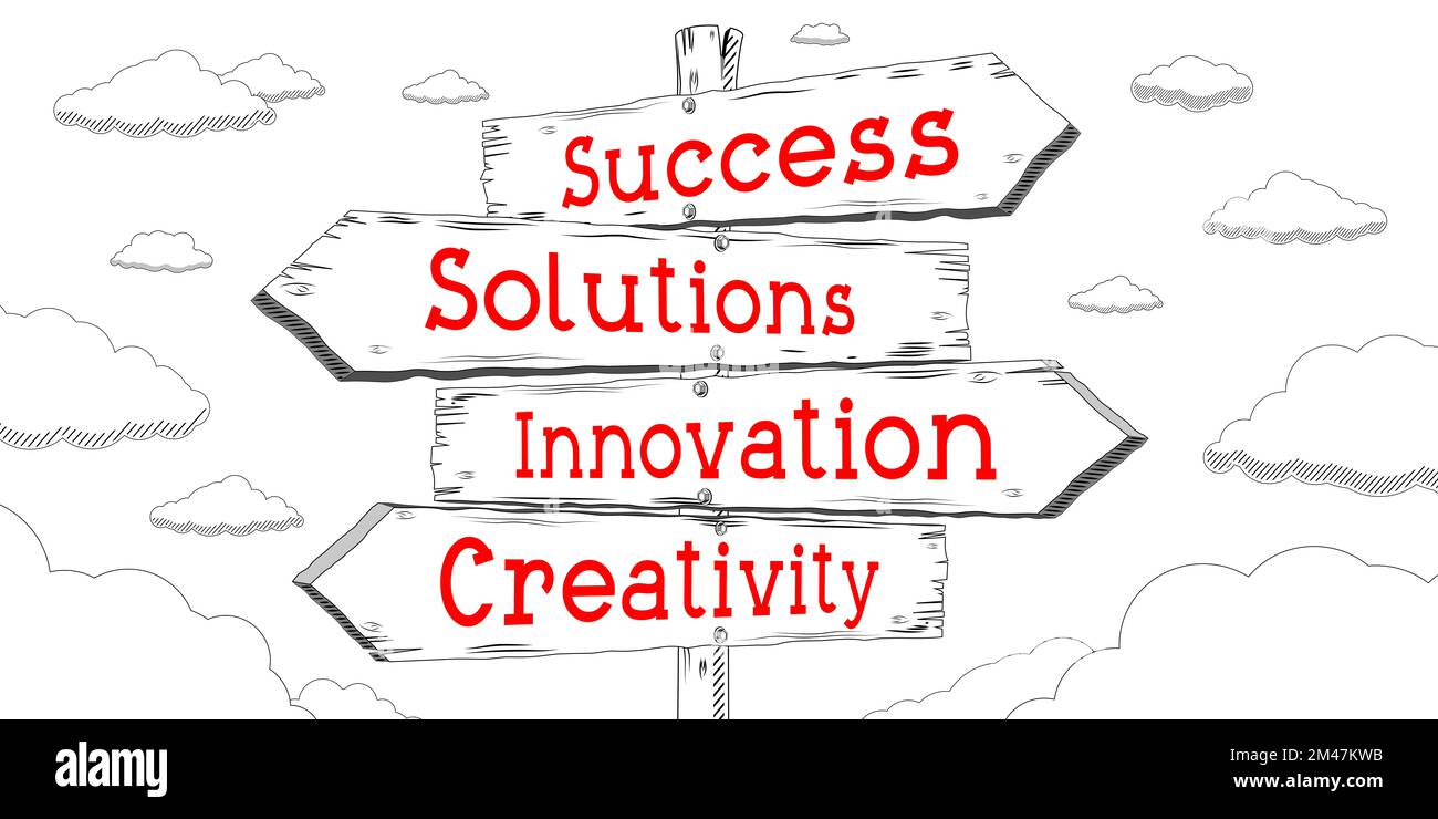 Success, solutions, innovation, creativity - outline signpost with four ...