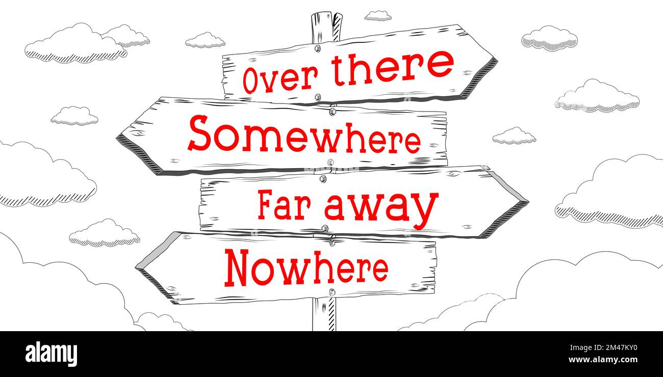 Over there, somewhere, far away, nowhere - outline signpost with four ...