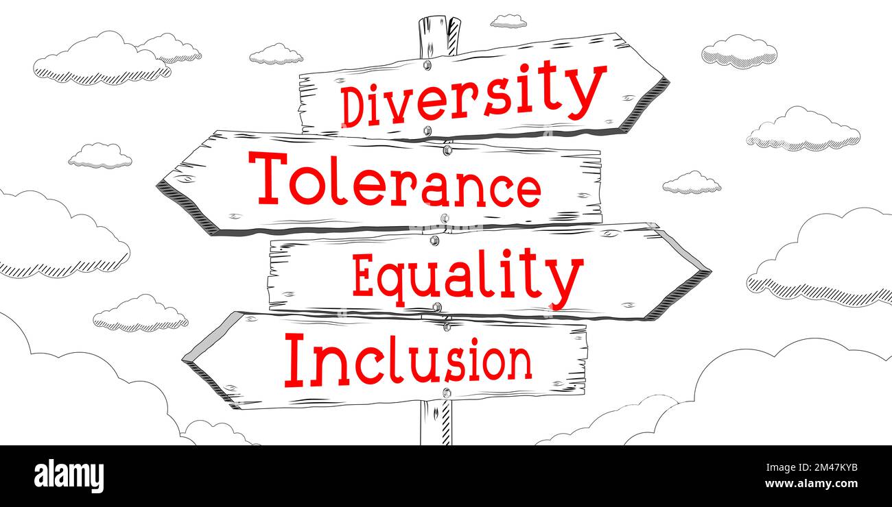 Diversity, tolerance, equality, inclusion - outline signpost with four ...