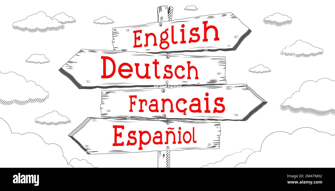 English, German, French, Spanish - outline signpost with four arrows ...