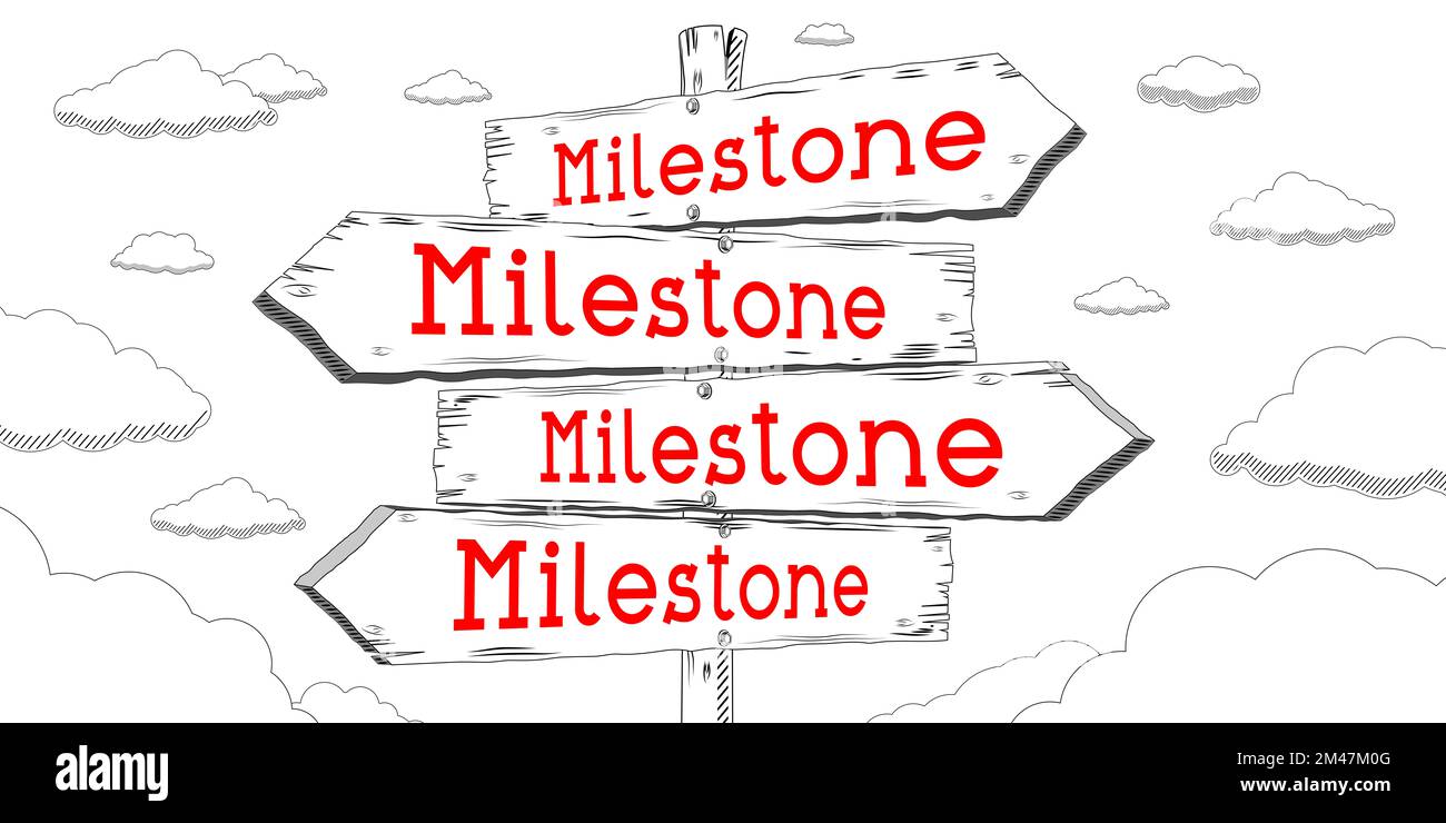 Milestone - outline signpost with four arrows Stock Photo - Alamy
