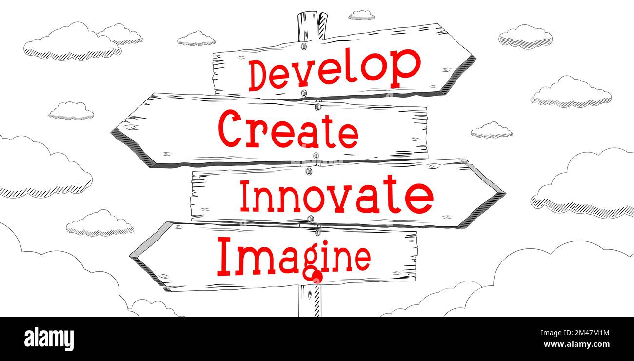 Develop, create, innovate, imagine - outline signpost with four arrows ...