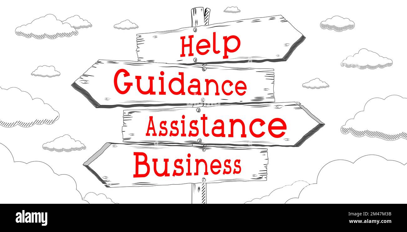 Help, guidance, assistance, business - outline signpost with four ...