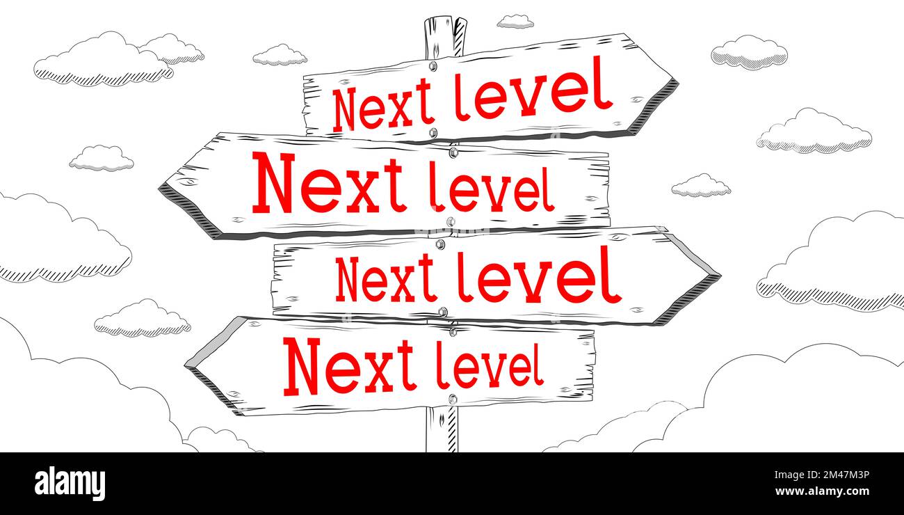 Next level - outline signpost with four arrows Stock Photo - Alamy