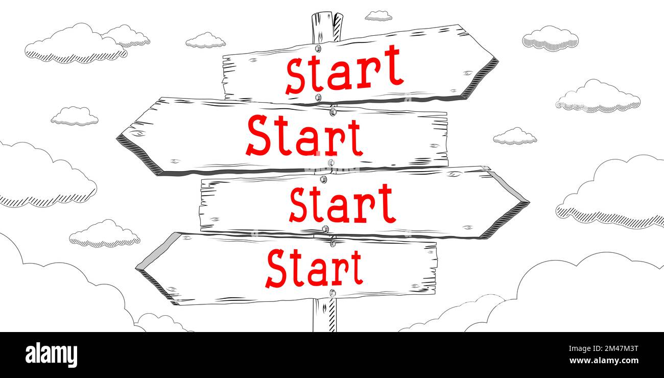 Start - outline signpost with four arrows Stock Photo - Alamy