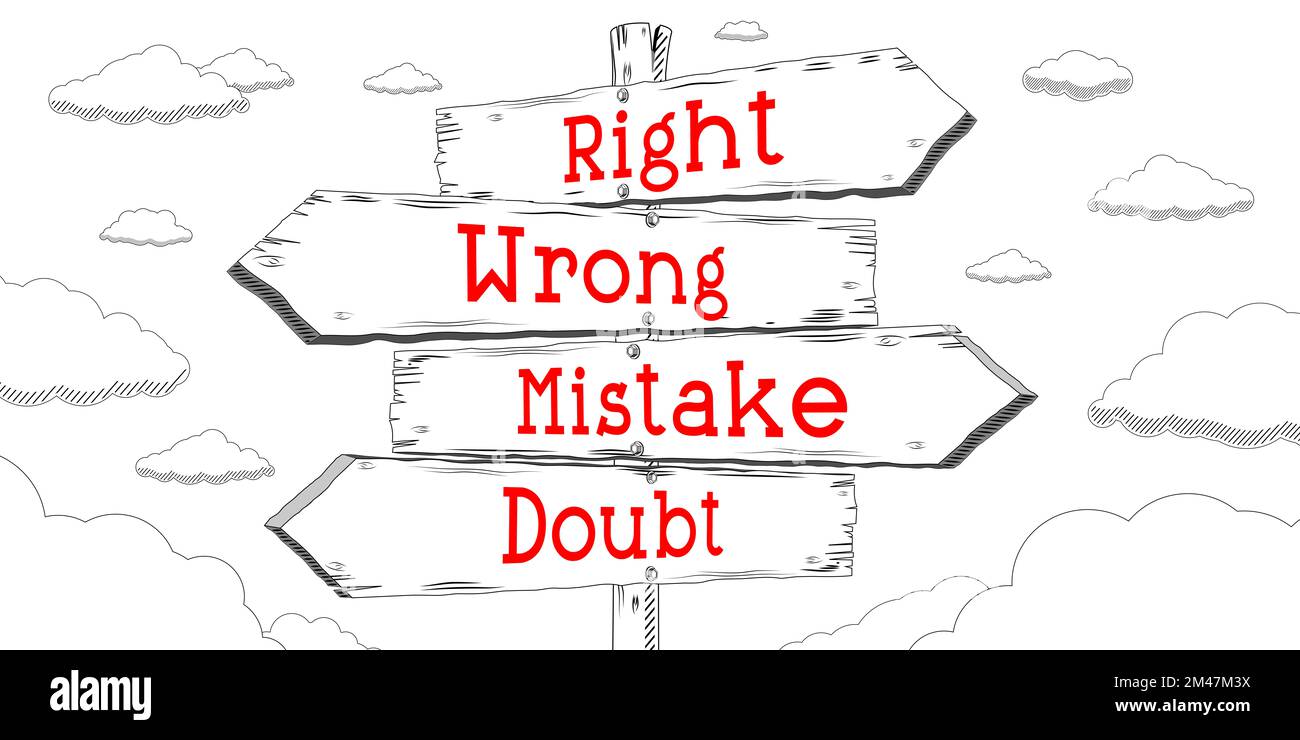 Right, wrong, mistake, doubt - outline signpost with four arrows Stock ...