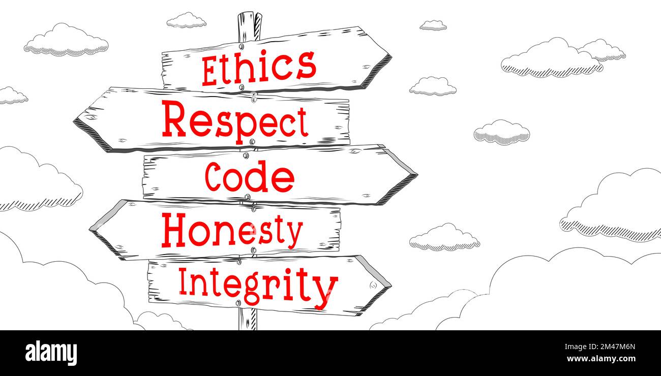 Ethics, respect, code, honesty, integrity - outline signpost with five ...