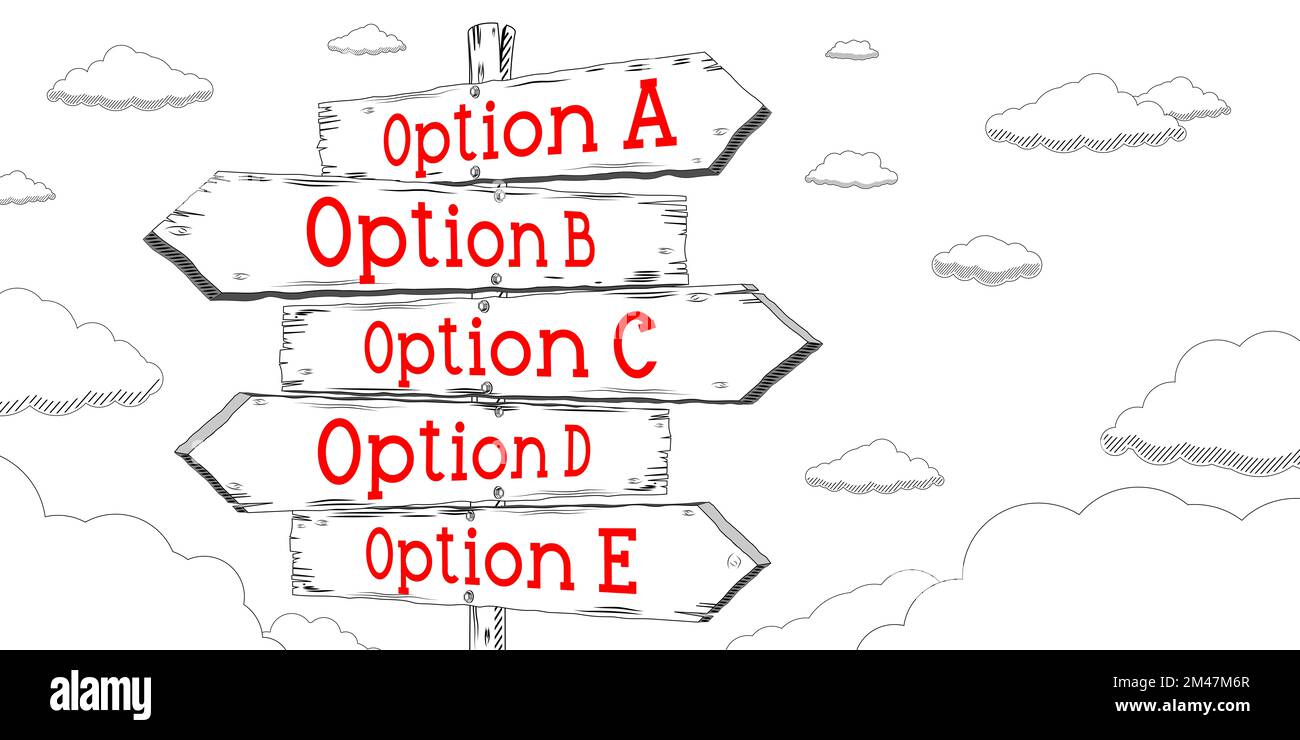 Option A, B, C, D, E - outline signpost with five arrows Stock Photo ...