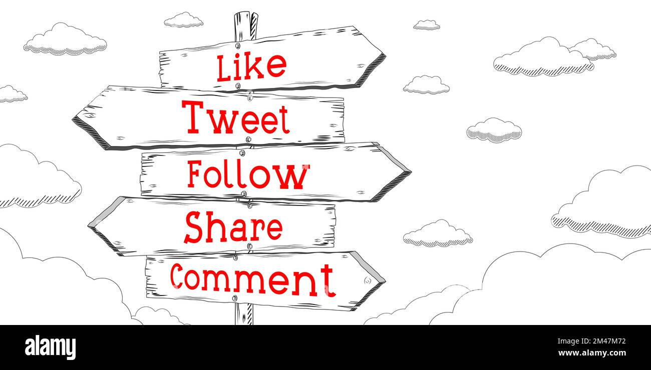 Like, tweet, follow, share, comment - outline signpost with five arrows ...