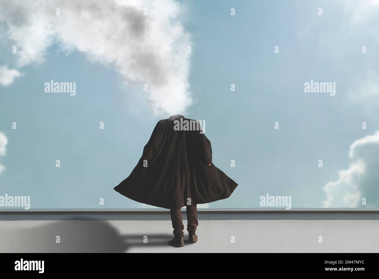 man with cloud over his head looks at the infinity of the sky, abstract ...