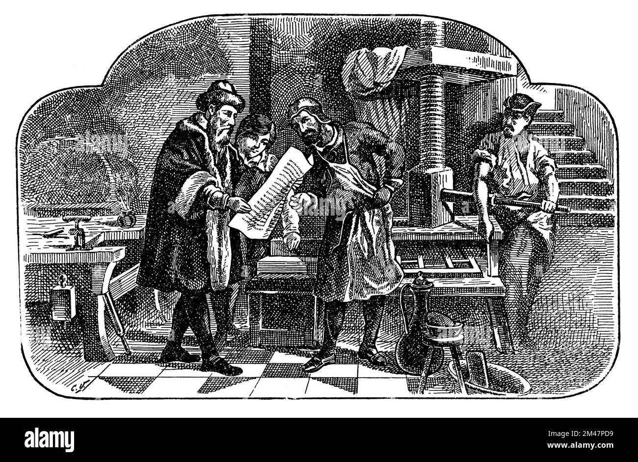 Johannes Gutemberg (c. 1400-1468) contemplando una prueba en su taller ...