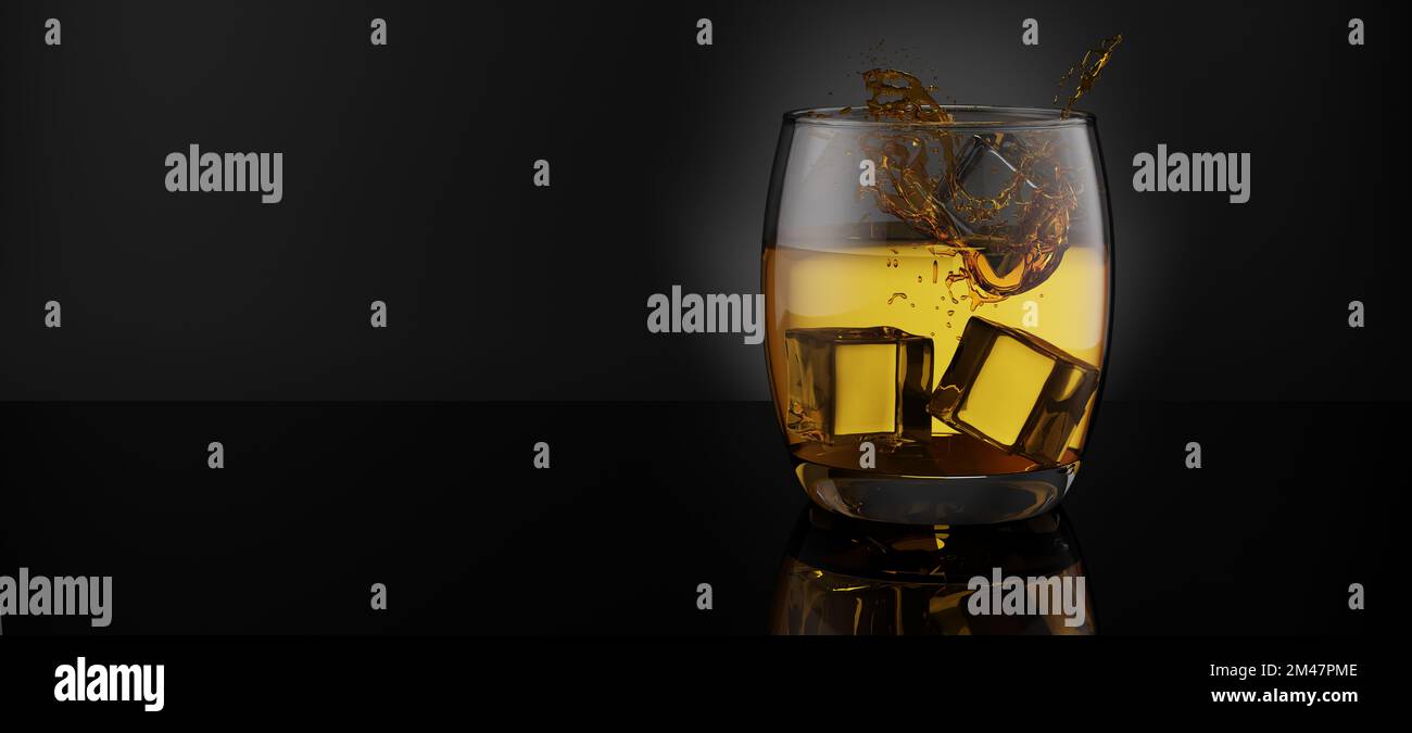 Glass of scotch on the rocks whiskey / brandy and ice cubes splash ...